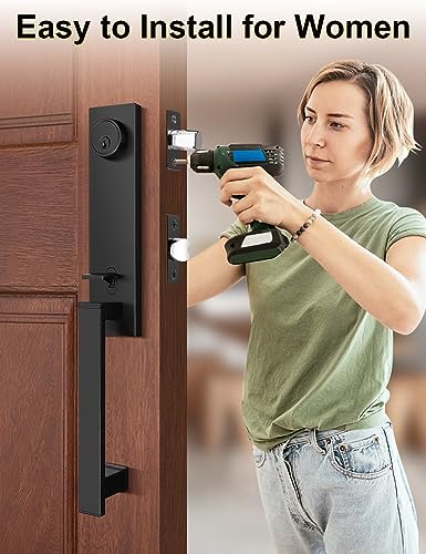 Tinewa Full Escutcheon HandleSet Front Door Entry Handle and Deadbolt Lock Set Slim Square Single Cylinder Deadbolt and Lever Heavy Duty β Matte Black Finish