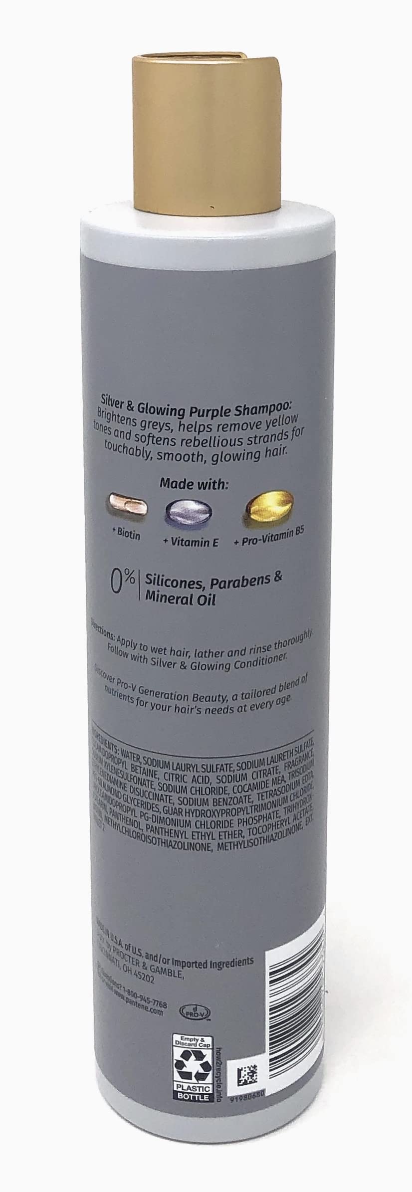 Pantene Pro-V Generation Beauty Silver & Glowing Purple Silicone Free Shampoo with Biotin for Grey and White Hair, 9.6 OZ