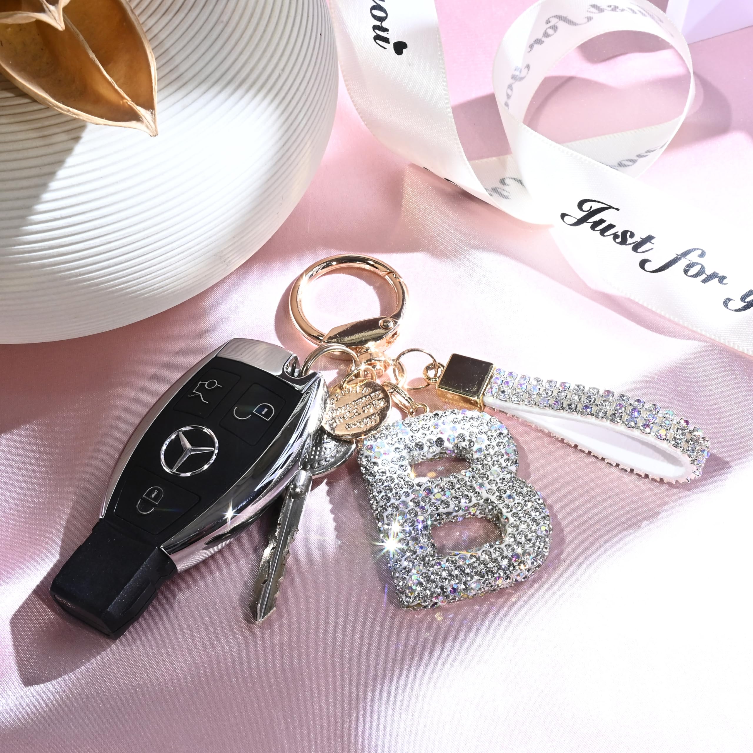 Pink Blue White Initial Letter Keychain Gift for Women Girls Bling Sparkly Cute Backpack Car Key Accessories Lanyard (A-white diamond)