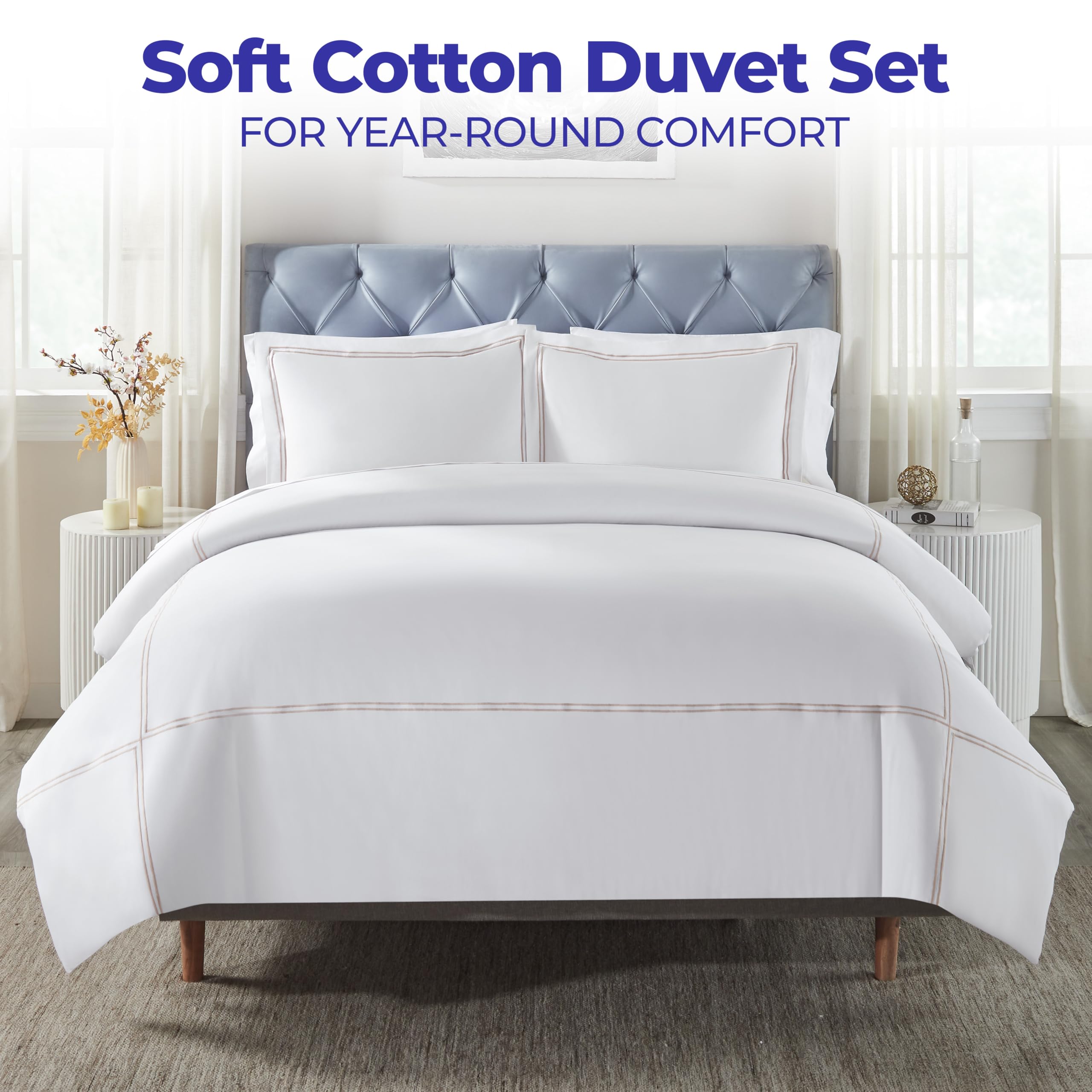 SUPERIOR Embroidered Cotton Duvet Cover Set, Soft Bedding Covers, 1 Duvet Cover with Button Closure, 2 Pillow Shams, Two-Line Design, Spring Blooms Collection, King/California King, White-Taupe