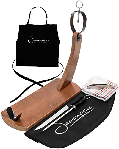 Professional Ham Stand Lacquered with Ham Knife + Sharpening Steel + Ham Cover + Kitchen Cloth + Apron + Tongs - Ham Holder Ideal for Serrano Ham, Iberico Ham and Italian Prosciutto - Jamonprive