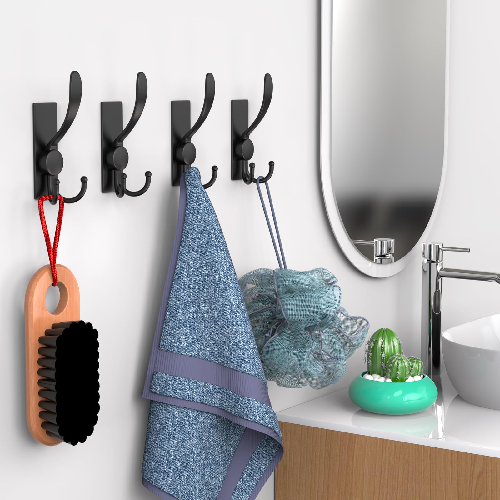 VINHOLD Self-Adhesive Coat Hooks with Tri Hooks, Metal Wall Mounted Towel Hooks for hanging towels, coats, hats, pans, Utility Hooks for bathrooms, bedrooms,kitchens(2 pack,Black)