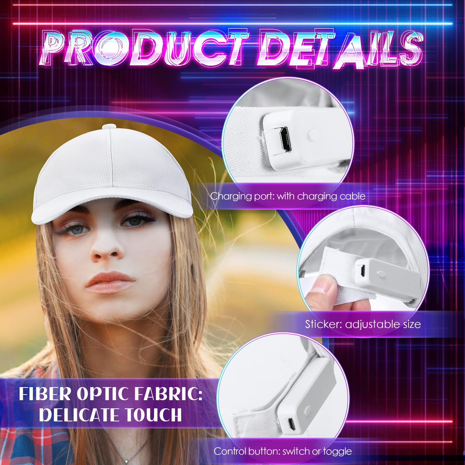 ramede 2 Pcs LED Hat Light up Baseball Cap 7 Colors Fiber Optic Luminous Cap USB Charging Hats for Men Women Flash Glow Hat for Party Club(White, Black)