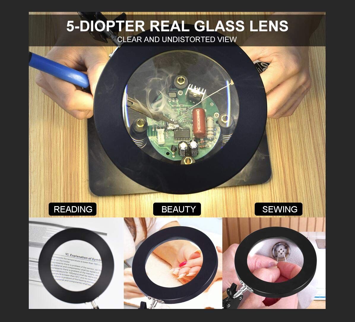 LED Magnifying Lamp - 3 Color Modes, Stepless Dimming,5-Diopter, 4.1" Diameter Glass Lens, Adjustable Swivel Arm Lighted Magnifier Light for Workbench Reading Craft Close Work