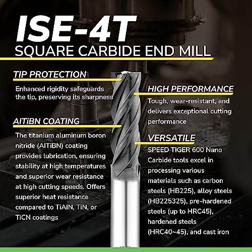 SPEED TIGER Micrograin Carbide Square End Mill - 4 Flute - ISE1/4"4T (5 Pieces, 1/4") - for Milling Alloy Steels, Hardened Steel, Metal & More β Mill Bits Sets for DIYers & Professionals