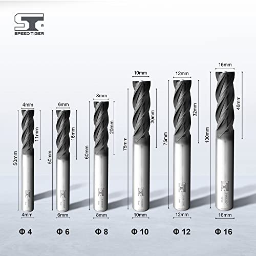 SPEED TIGER Micrograin Carbide Square End Mill - 4 Flute - 10mm 75L (1 Piece, 10mm) - for Milling Alloy Steels, Hardened Steel, Metal & More β Mill Bits Sets for DIYers & Professionals