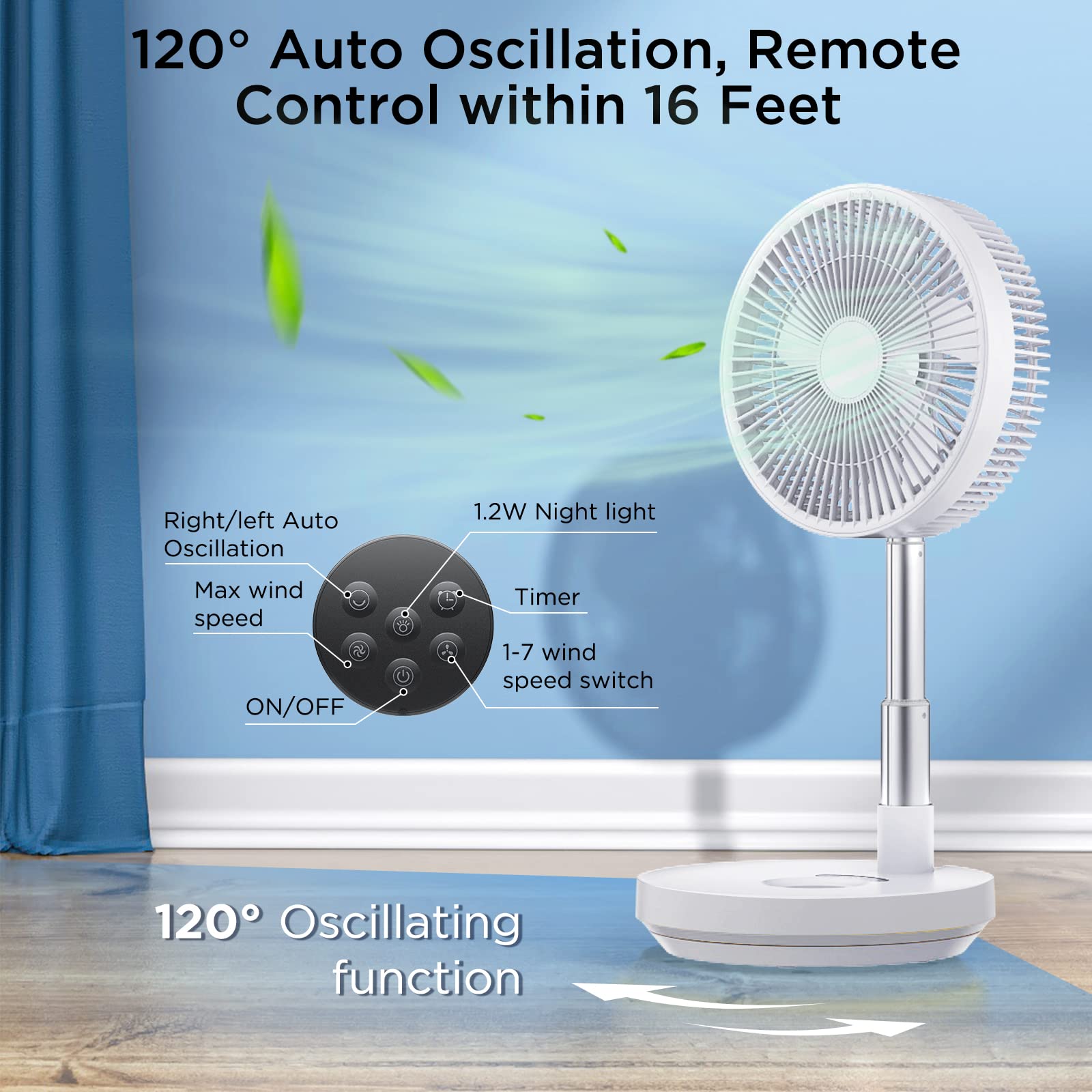 Primevolve 10 inch Oscillating Fan, Battery Operated Fan Adjustable Height, USB Rechargeable Home Office Outdoor Camping Tent Travel, White