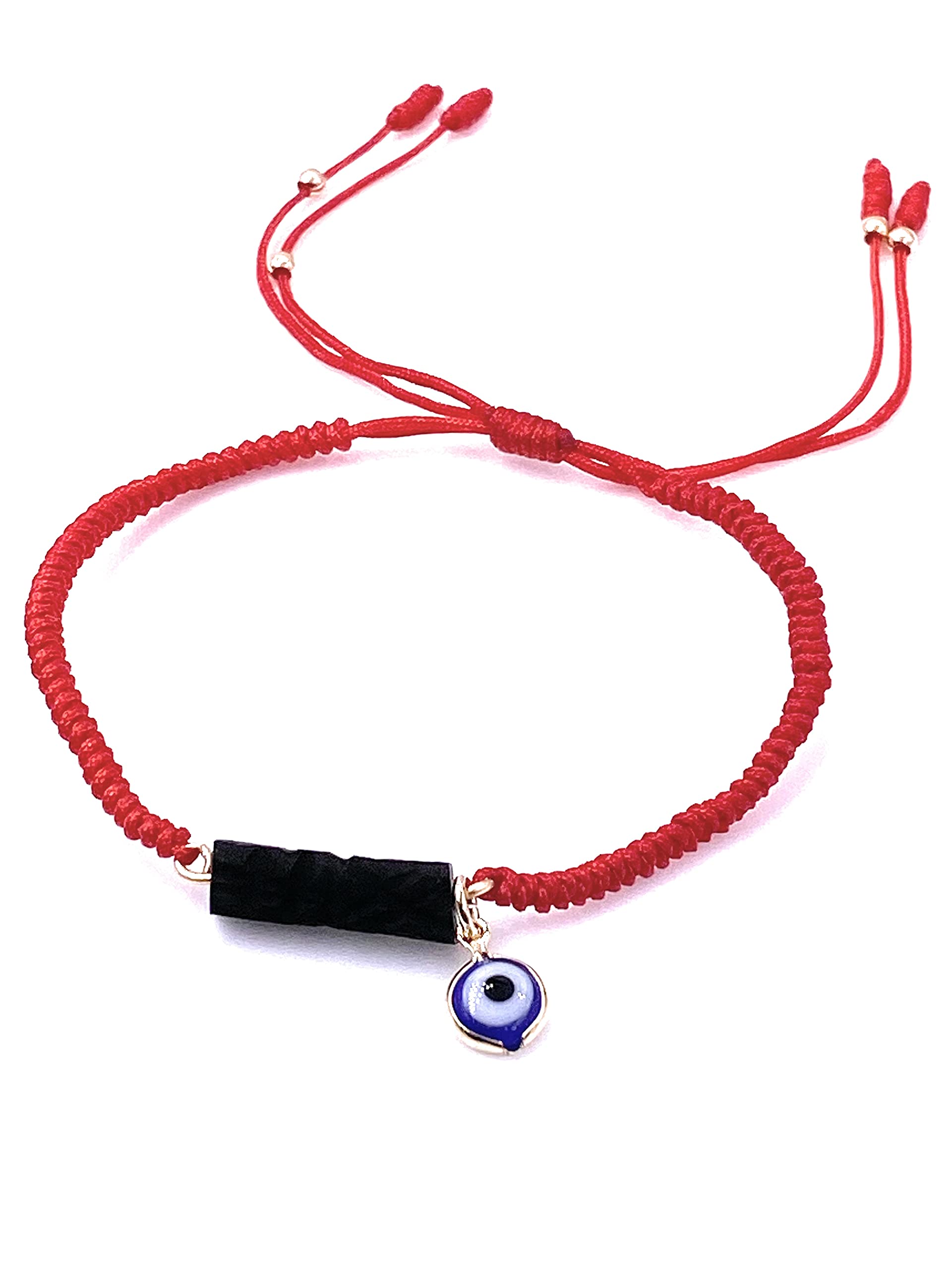 LESLIE BOULES Red Thread Genuine Azabache Hand Bracelet with Small Blue Evil Eye Connector Handmade Jewelry