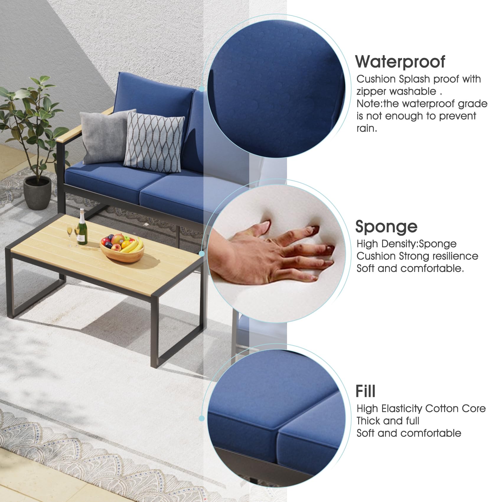 Temminkii Outdoor 4 Pieces Furniture Sets Modern Aluminum Patio Conversation Sets Sectional Sofa w Blue Cushion Faux Wood Grain Frame Coffee Table for Garden Courtyard Poolside