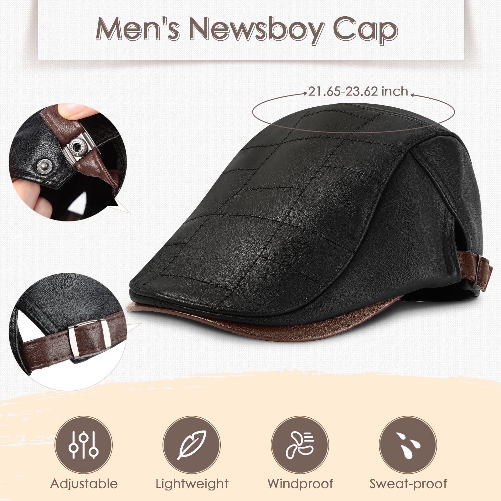 Men PU Leather Cap 2 Pieces Adjustable Newsboy Hat Winter Hat for Men Light Brown and Black Fishing Hat Leather Hats for Men