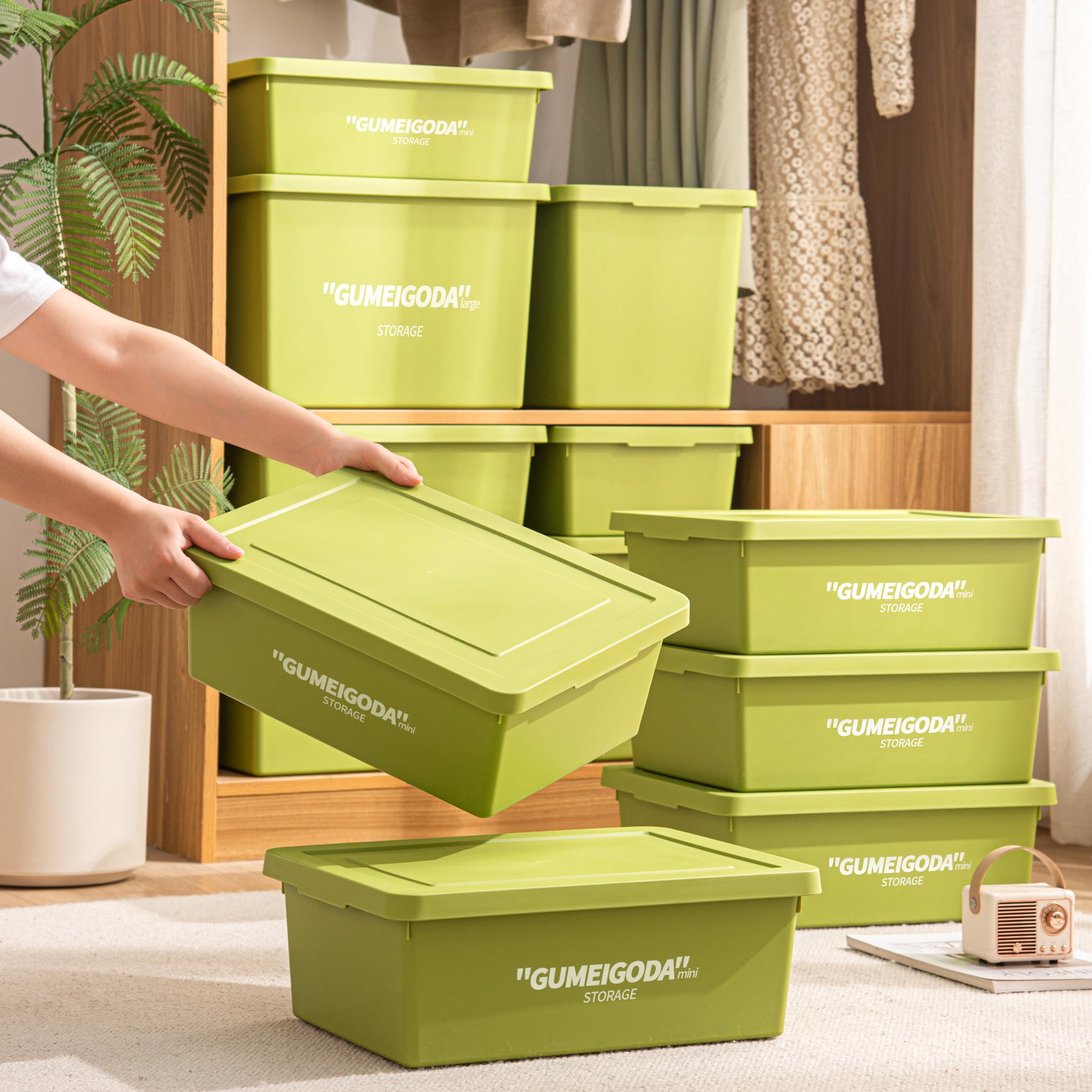 Storage Bins With Lids Set of 4, Green Stackable Boxes,Lid Buckles Bins,Garage container,Shelves, Office,Bedroom,Outdoors Plastic Storage Box for Organizing clothes,books,snacks,sundries(Green,4M)