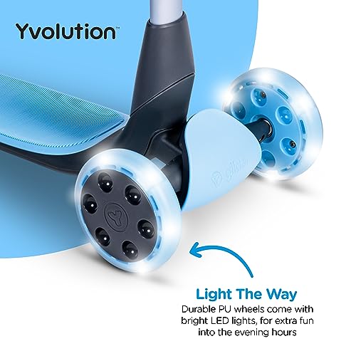 Yvolution Y Glider Nua | Three Wheel Foldable Kick Scooter for Kids with Storage Accessory for Children Ages 3+ Years (Blue)