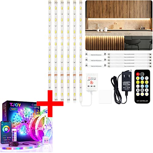TJOY 19.6ft Under Cabinet Lighting + 50ft Bluetooth LED Strip Lights, 6PCS Dimmable 2700k-6500k Warm White to Daylight Bright LED Strip Light Bars for Kitchen Cabinet, Counter, Shelf