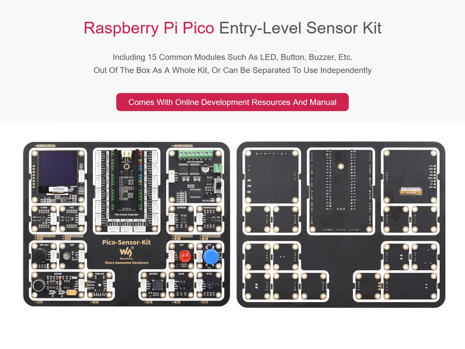 waveshare Sensor Kit for Raspberry Pi Pico W, Including Pico Expansion Board, and LED, Button, Buzzer, etc. 15 Common Modules, All-in-one Design, with Raspberry Pi Pico W