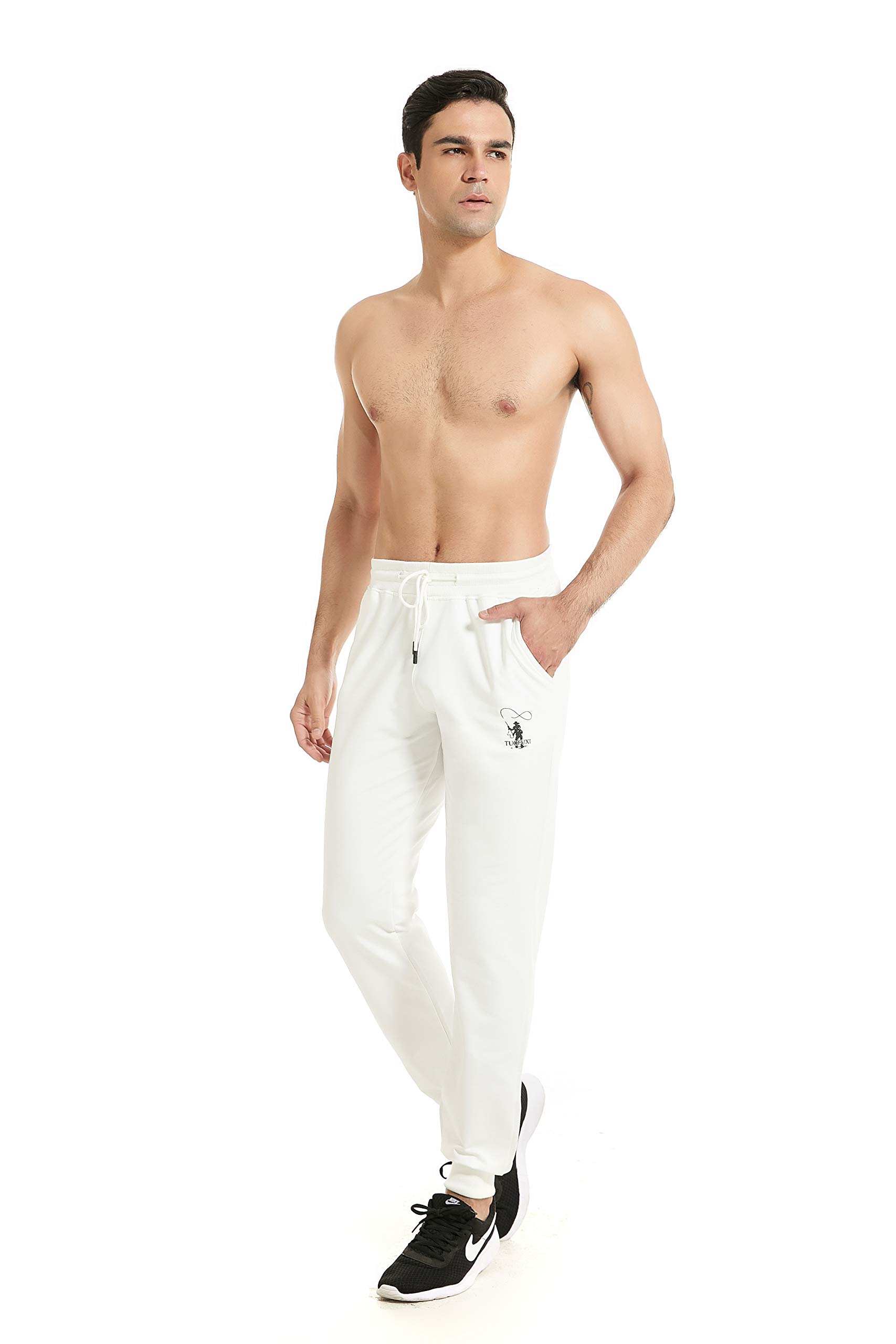 Men's Cotton Joggers Sweatpants Casual Jogger Scrub Track Pants Comfort Trousers for Jogging Yoga Training Solid White, 34