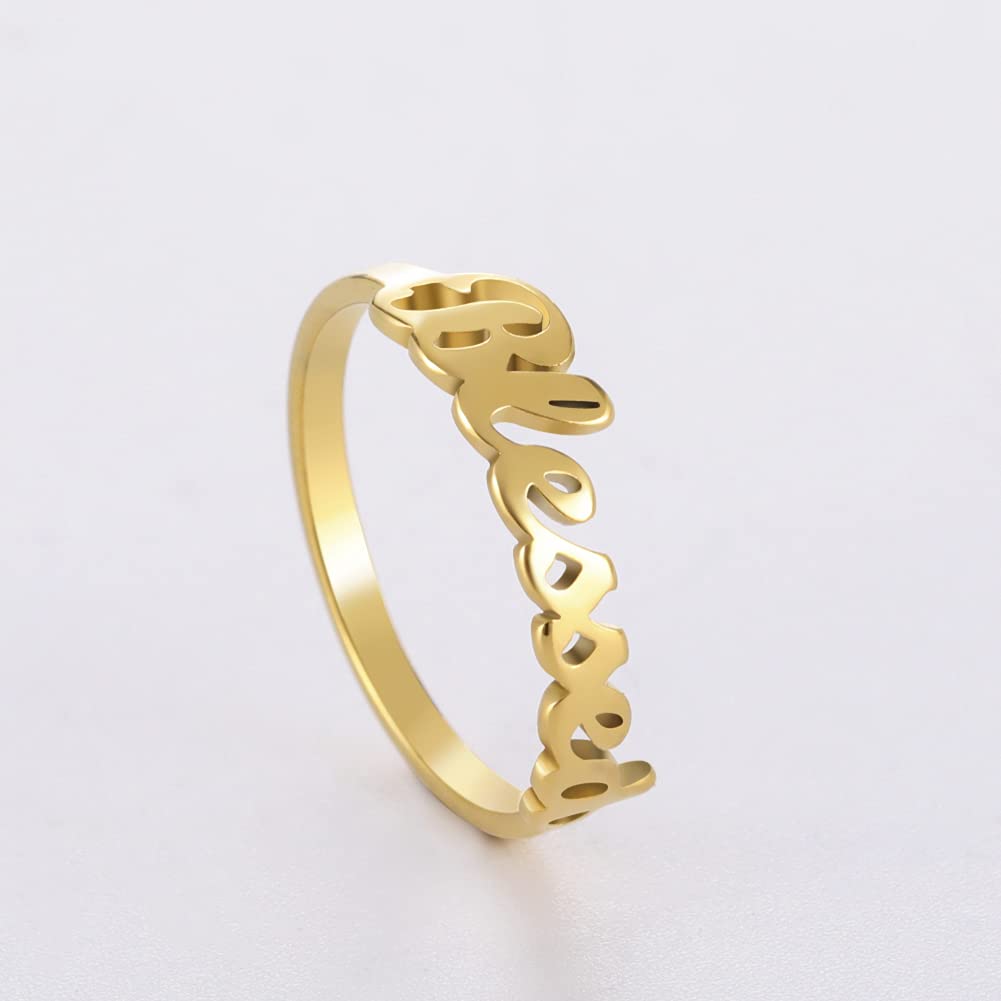 LIKGREAT Faith Strength Engraving Blessed Ring Thin Finger Ring Inspirational Pray Religious Ring for Women (Gold tone, 8)