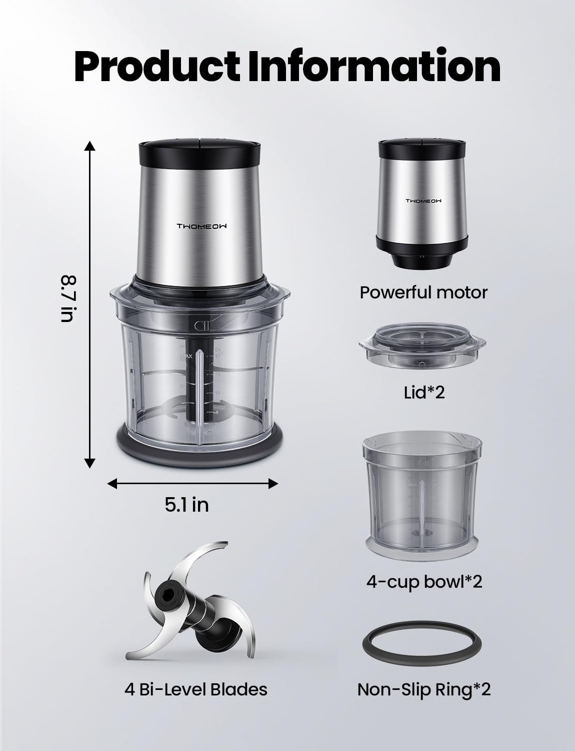 TWOMEOW Food Processor 4 Cup, Electric Food Chopper, 【Small but Powerful】Meat Grinder with 2 Bowls, 2 Speed & 4 Blades for Vegetable, Meat, Nuts, Functions for Chopping, Dicing, Mixing and Puree