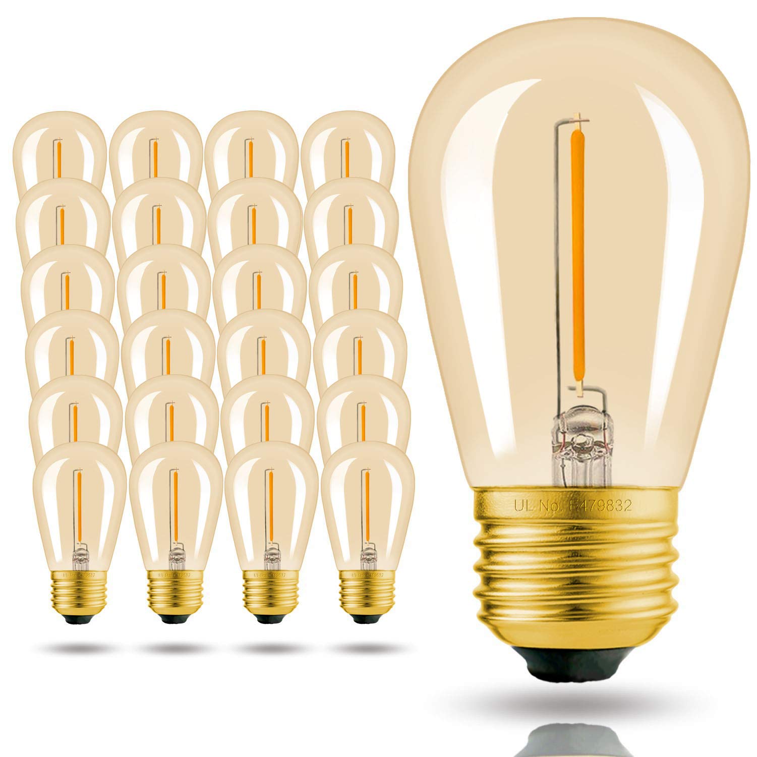 Hizashi 25 Pack S14 String Light Bulbs Replacement, Amber 2200K 11W S14 LED Bulbs for Outdoor String Lights, 1W Dimmable Shatterproof Waterproof, E26 Base Ediosn Bulbs, UL Listed