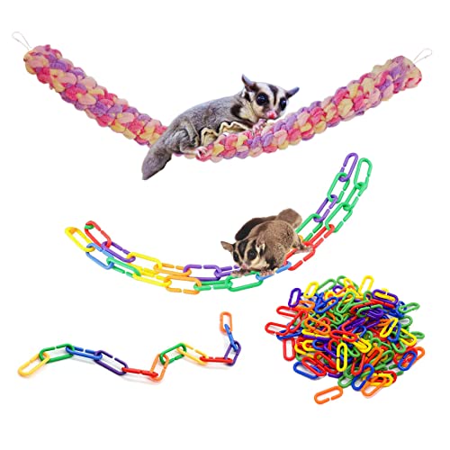 Sugar Glider Toys, Hanging Sugar Glider Cage Accessories Pet Swing Toy, 250 PCS Plastic C Clips Hook Chain Links Toy Rope Perch