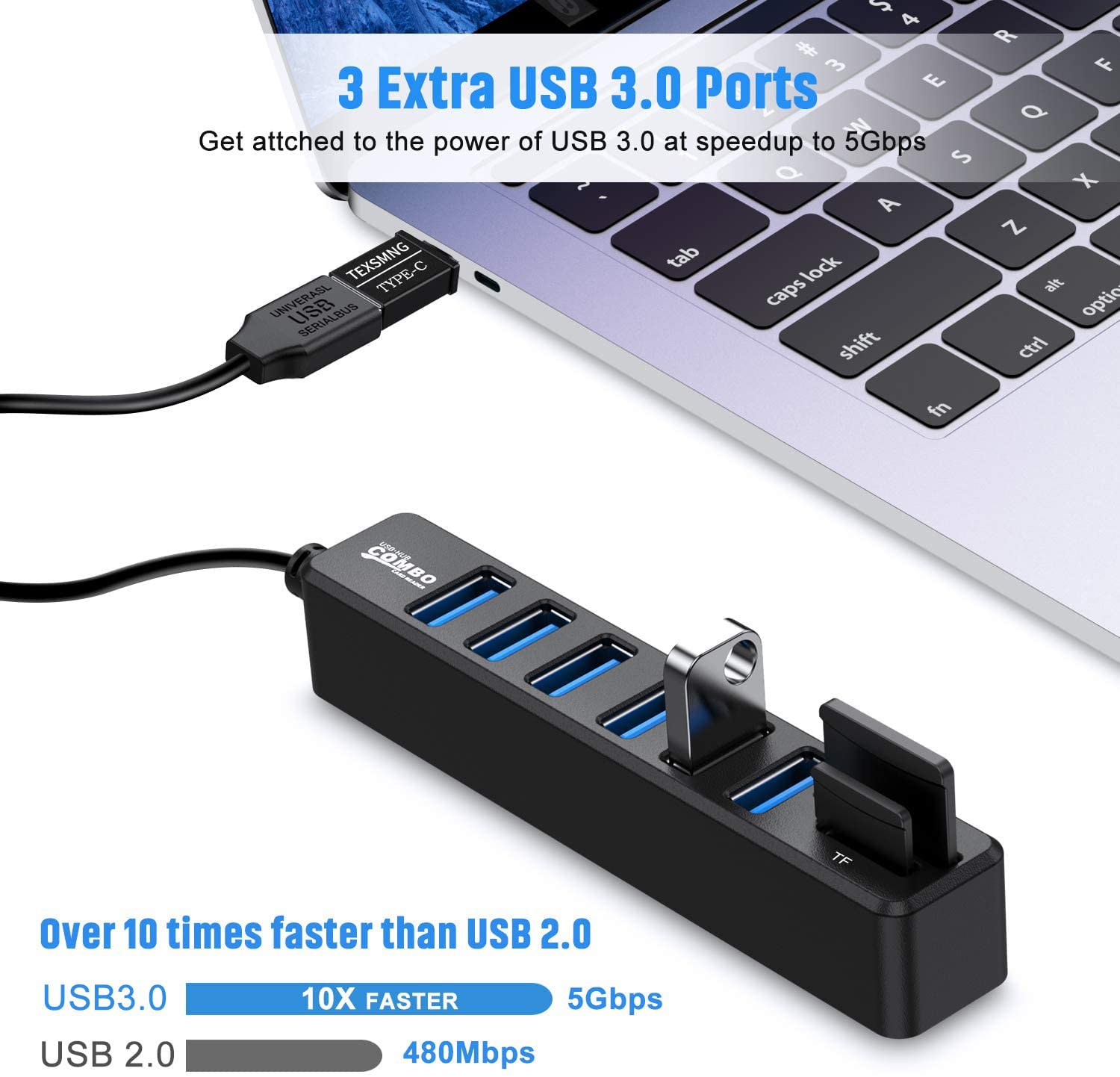 TEXSMNG USB Hub 2.0 1m Cable 8 in 1, USB Adapter to 6 USB 2.0 Extension, SD TF Compatible with Laptop and Other Type C Devices