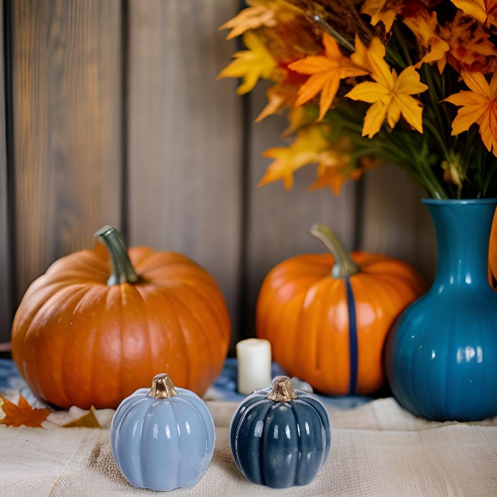 The Bridge Collection Fall 3" Blue Ceramic Pumpkins Salt and Pepper Shaker Set - Autumn Harvest Shaker Set for Thanksgiving Decor