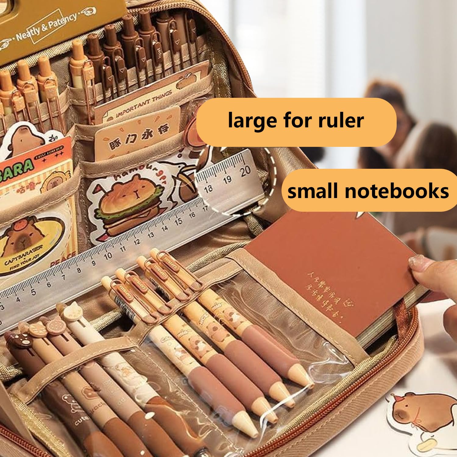 Seqgante Cute Capybara Pencil Case with 12 Compartments 90° Wide Opening Mouth Pencil Pouch with Kawaii Pins Plush Cute Stationery