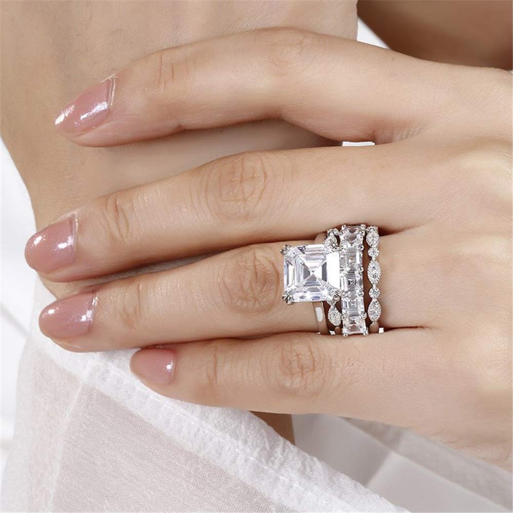Jeulia 4PC Asscher Cut Sterling Silver Ring Set Cubic Zirconia CZ Engagement Anniversary Eternity Promise Wedding Band Ring Set with Jewelry Box (6.5)