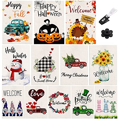 Seasonal Garden Flags Set of 12 Double Sided 12 x 18 Inch Yard Flags Small Welcome Garden Flags for Outside, Spring Valentines Easter St Patricks Day Outdoor Flags Holiday Garden Flags for All Seasons