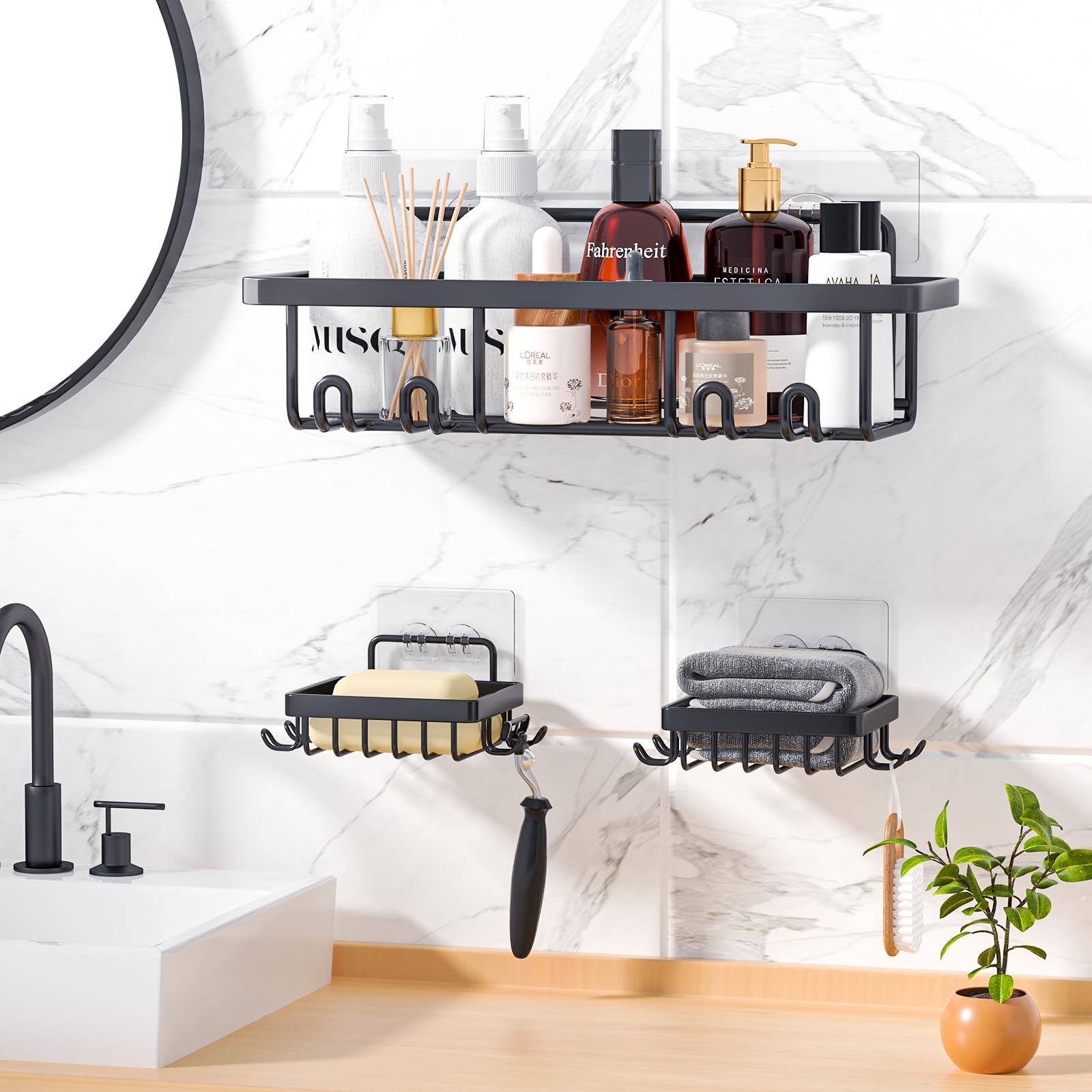 ksdenuov Shower Caddy 5 Pack, Shower Organizer, Self-Adhesive Shower Shelves, No-Drilling Shower Rack, Large Capacity, Rustproof, Shower Shelf for Inside Shower - Black