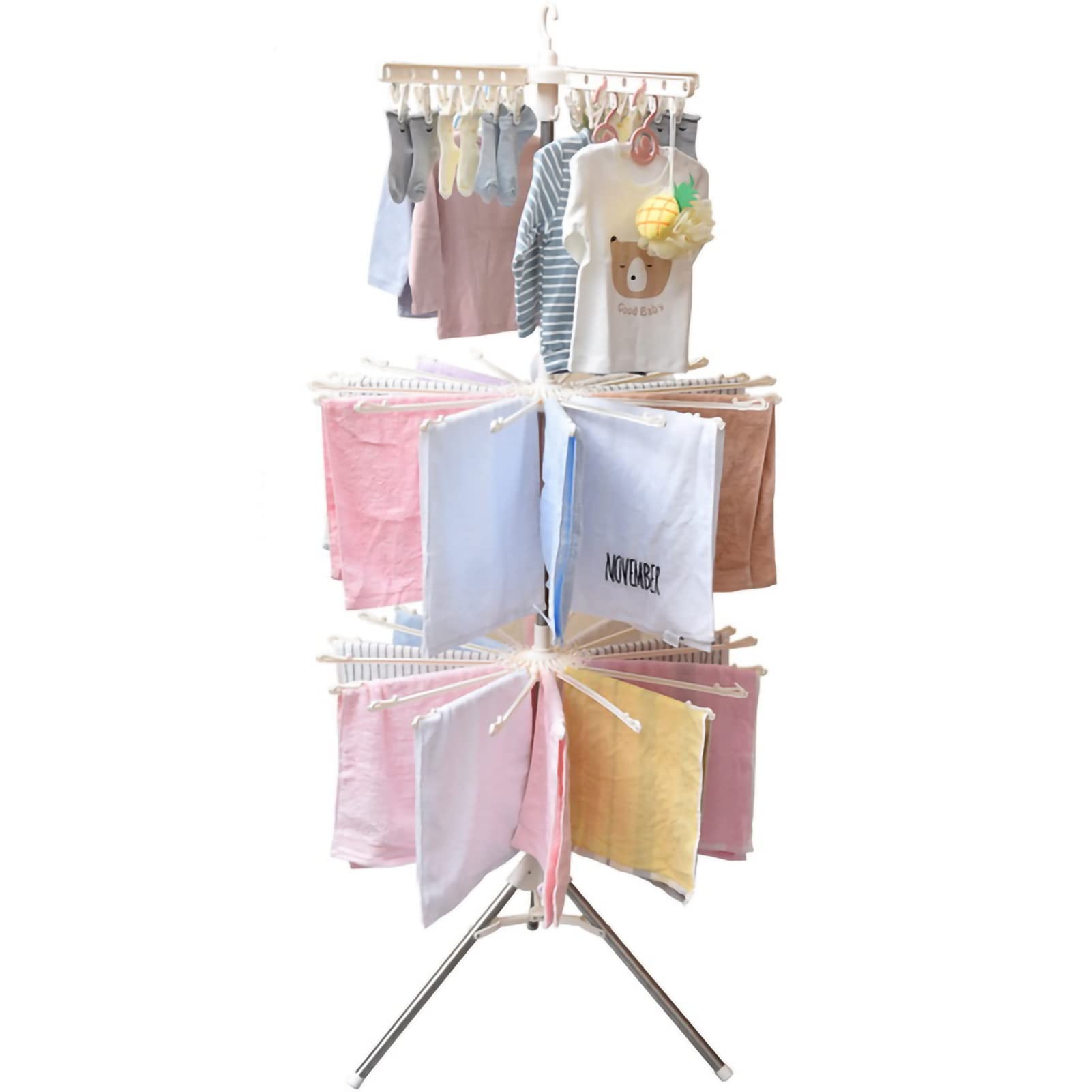 XTDHOMEDIAN 360 Degree Rotating Stainless Steel Foldable Clothes Drying Rack Laundry Accessories - Efficient Home Laundry Organization (3 Layer White 27x27x45.5cm)