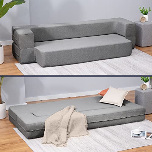 ZAFLY Twin Folding Sofa Couch Bed,8.6" Flip Out Sofa Bed,Convertible Sleeper Sofa Bed,Comfy Floor Couch Bed,Futon Sofa Bed Memory Foam Mattress,Linen Fabric Small Couches for Small Spaces,Light Grey
