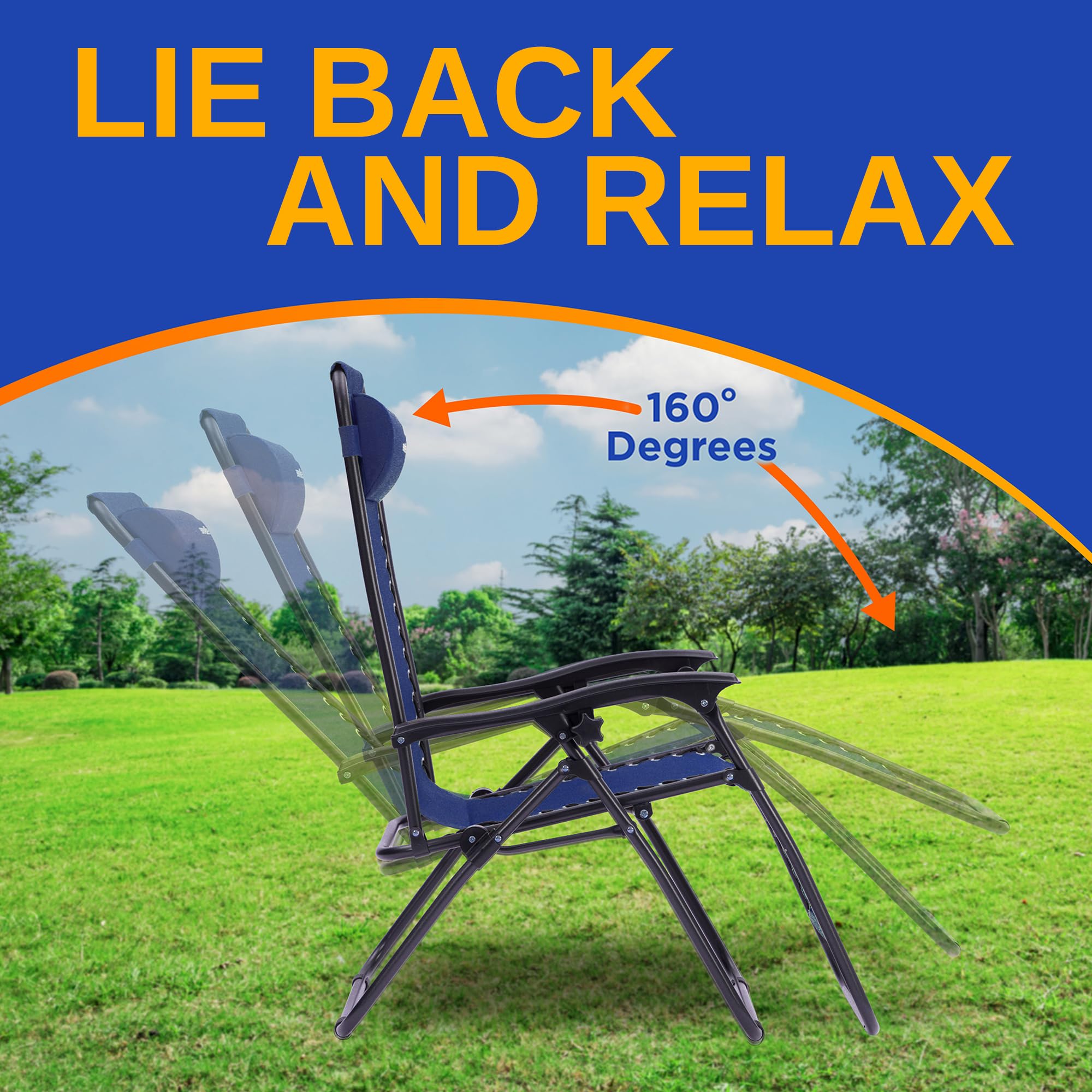 SereneLife SLZGHBLU29.5 Outdoor Adjustable Zero Gravity Lounge Chair Recliners with Plastic Cup Holder Side Table and Padded Headrest Pillows, 2 Pack, (Blue)