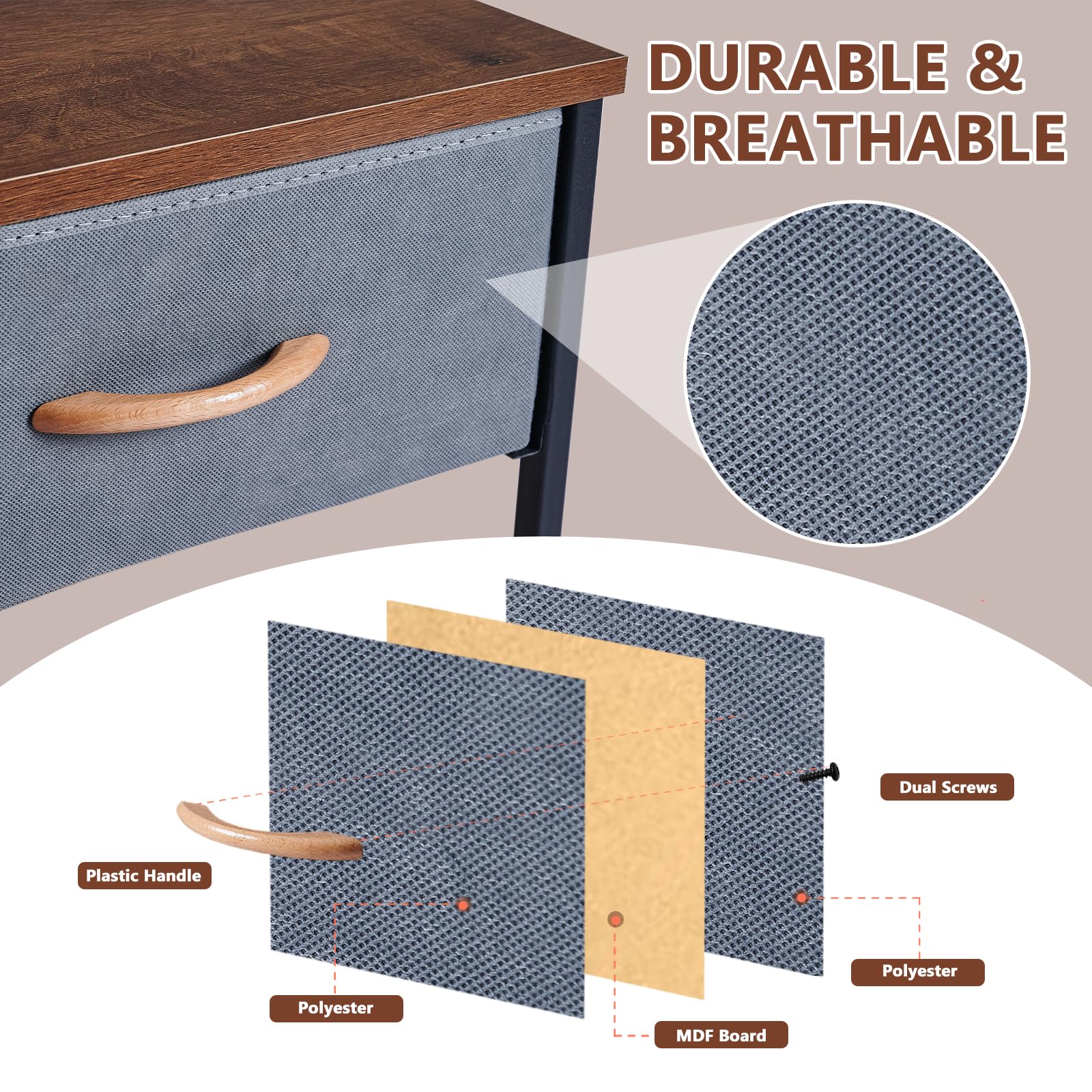 Wimarsbon Nightstand with Drawer, Night Stand Bedside Table with Storage Drawers, with Three Fabric Drawer Bedside Dresser, Modern Bedside Table Fabric Dresser for Bedroom (Light Gray-2)