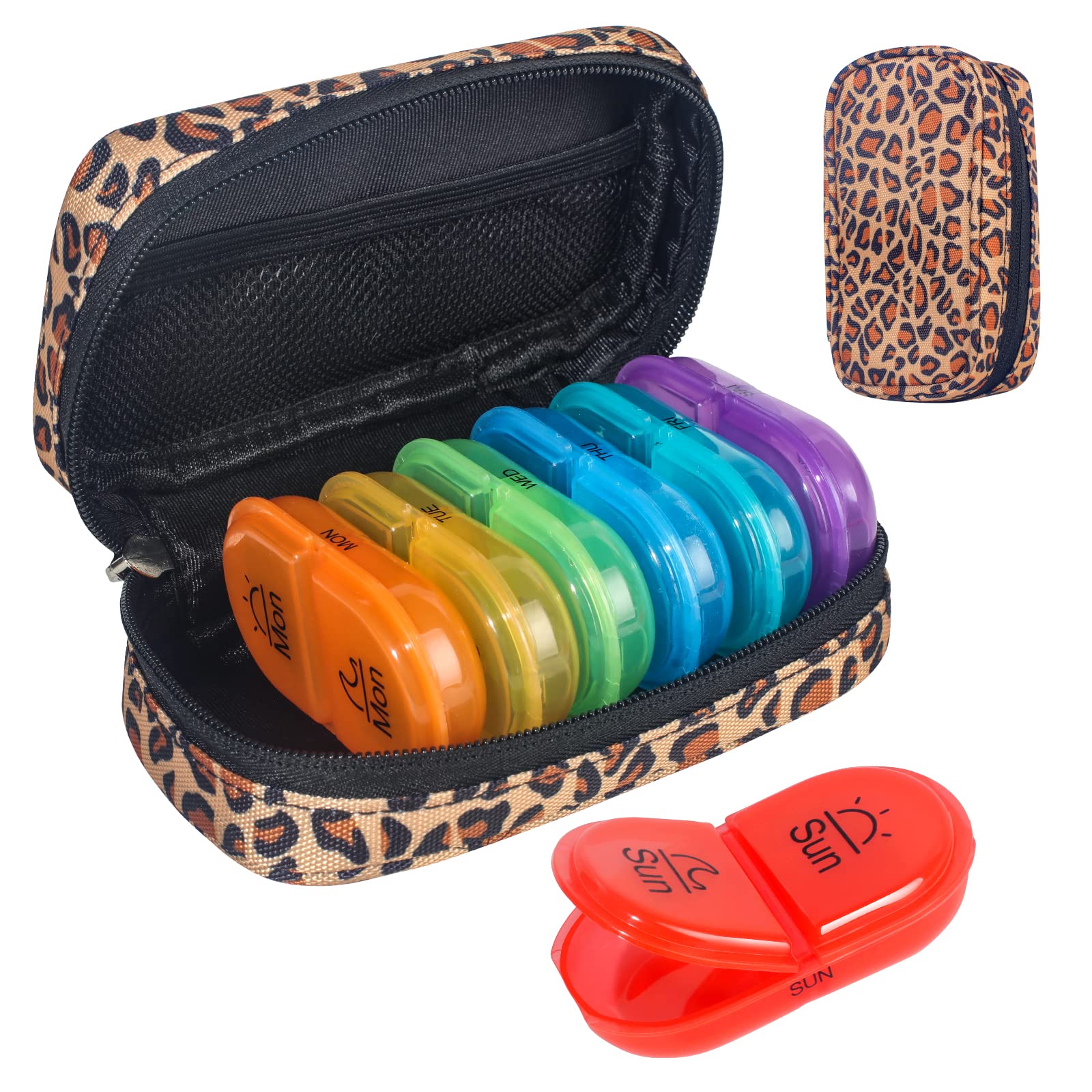 Serfeymi Weekly Travel Pill Organizer 2 Times A Day AM PM Rainbow Pill Box 7 Day with Large Portable Zipper Canvas Pill Case, Medicine Organizer for Pills, Vitamins, Supplements, Fish Oils - Brown 01