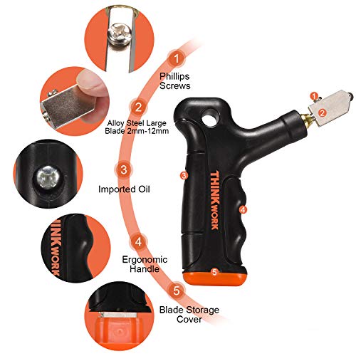 THINKWORK Glass Cutter Tool Kit, Tile Cutter Hand Tool, Easy Glide Glass & Tile Cutter DIY Home Kit(2 Blades & 4 Pads)