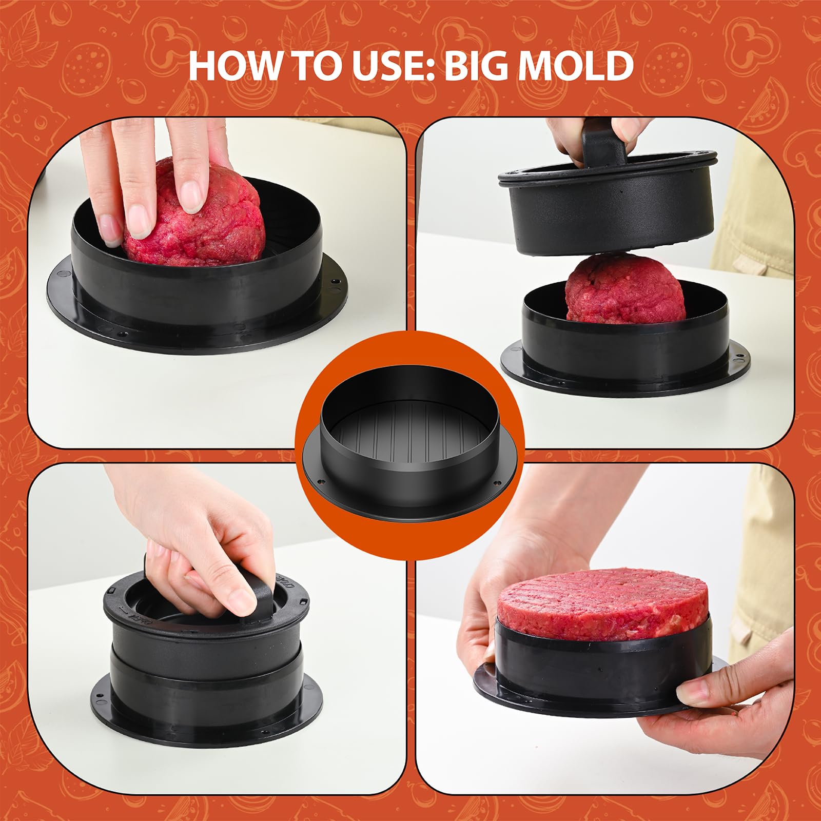 Pisol Hamburger Press, 4-in-1 Burger Press Patty Maker Slider, Stuffed Burgers Sandwich Cutter, Meat Beef Veggie Hamburger Patty Mold with 100 pcs Wax Disc Papers