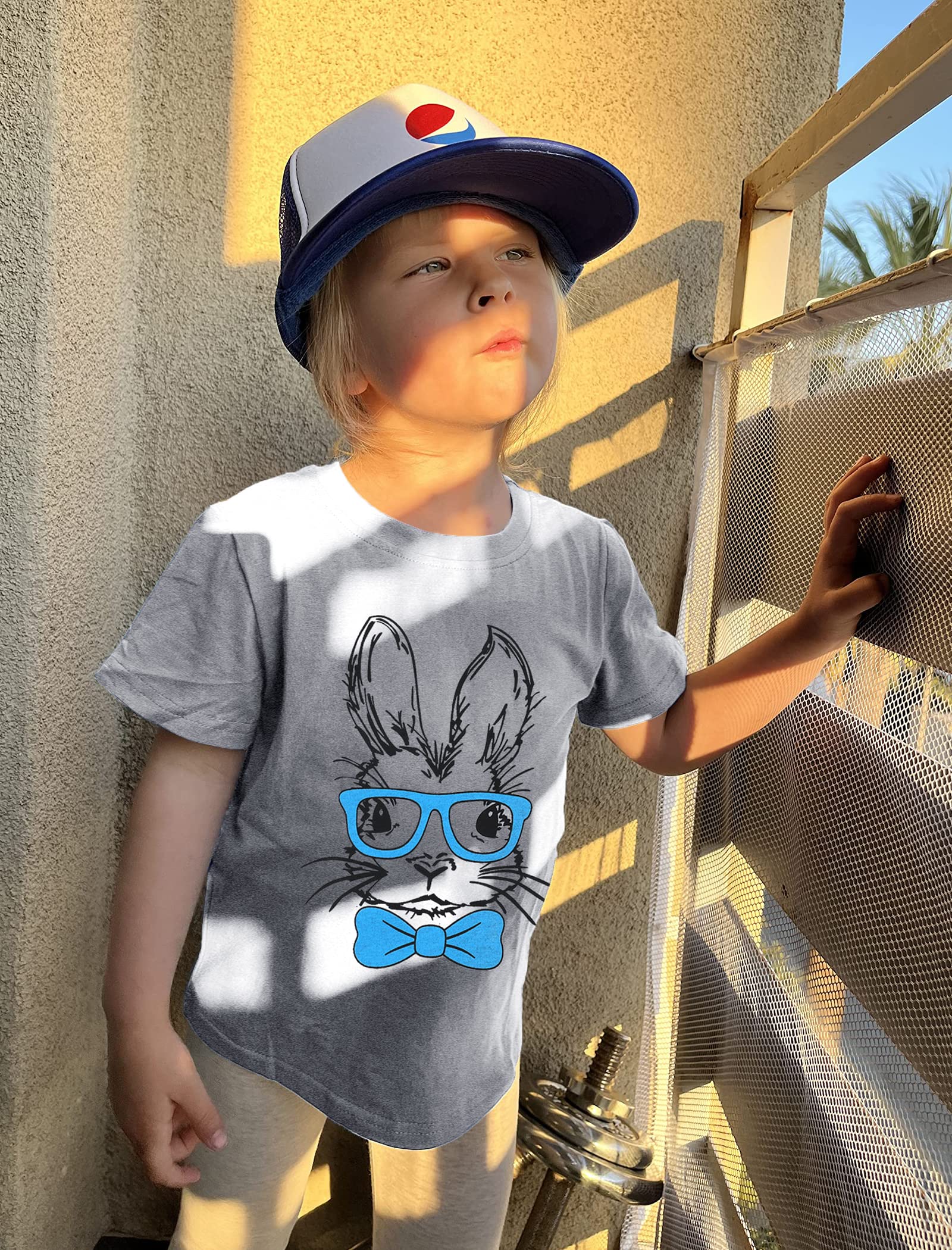 Toddler Easter Bunny Shirts Cute Rabbit with Glasses Print Tshirt Happy Easter Short Sleeve Tee Tops Grey
