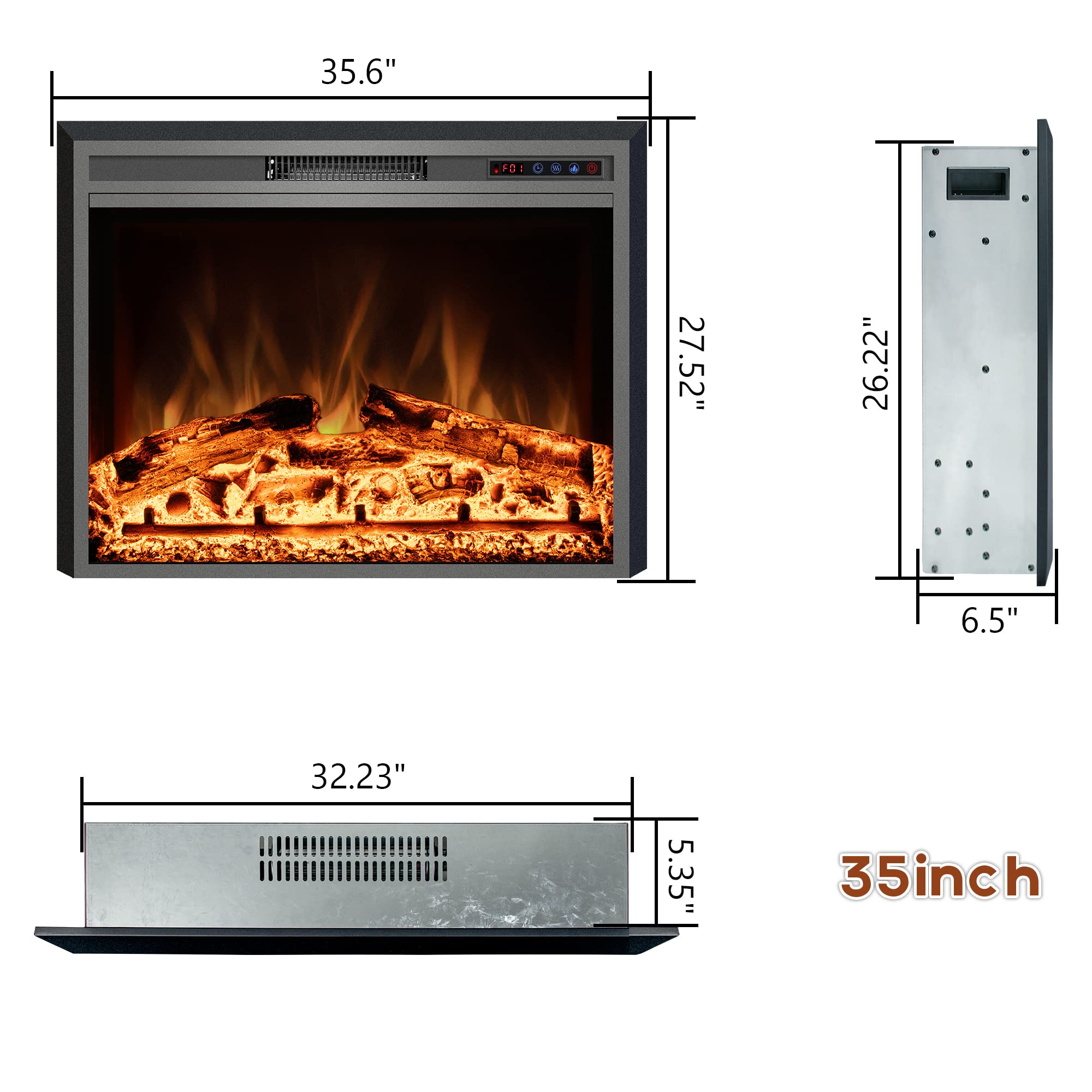 Kentsky Electric Fireplace, Electric Fireplace Inserts, Recessed Fireplace Heater with Remote Control, Adjustable Flame Colors, Timer&Overheating Protection, 750/1500W, 35" W X 27" H