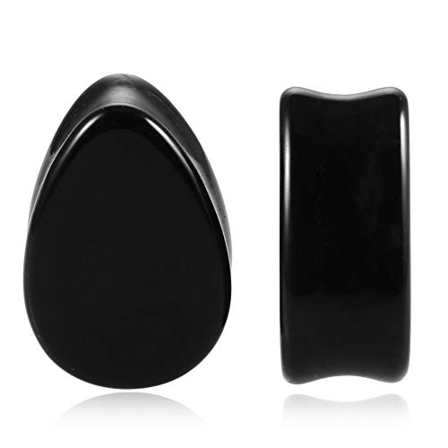 HQLA 1 Pair Teardrop Black Obsidian Natural Stone Plug Tunnels Ear Gauges Expanders Stretcher Body Piercings (7/8"(22mm))