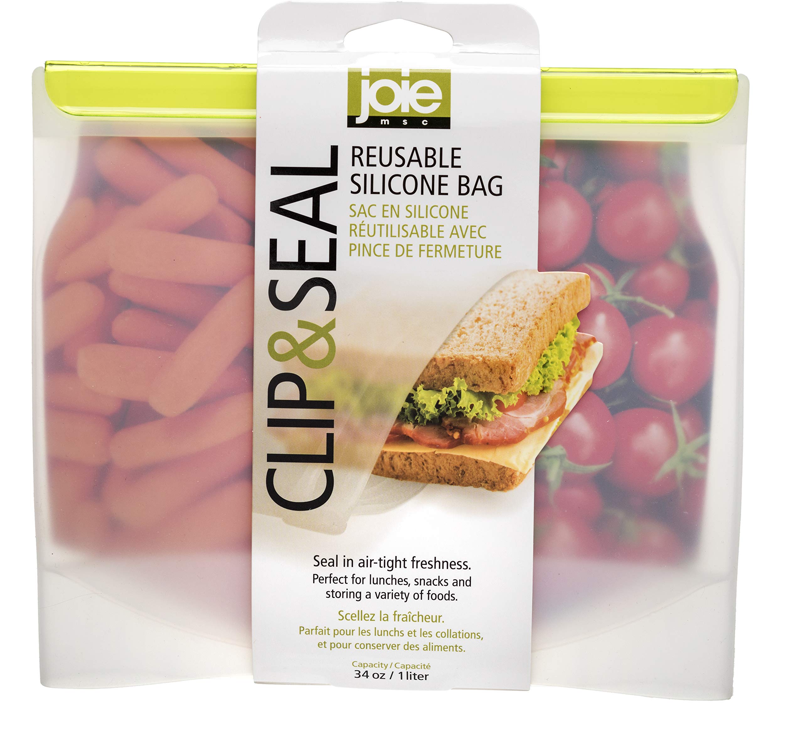 MSC International Joie Clip and Seal Reusable Silicone Food Storage Bag, 34-Ounce (1Liter) Capacity, Assorted Colors, Green, one Size, 29148