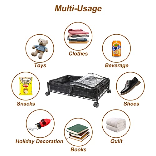 Under Bed Storage with Wheels, Rolling Under Bed Shoe Storage Container, Under Bed Cart with Wheels, Underbed Storage with Sturdy Storage Bags & Clear Window & Thick Fabric, 2 Sets, (Black)