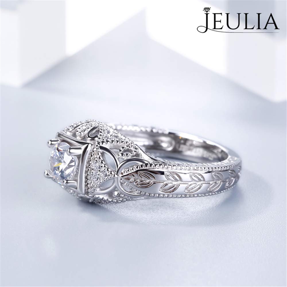 Jeulia Vintage Rings 925 Sterling Silver Round Cut Solitair Diamond Ring Wedding Engagement Statement Ring Band Anniversary Promise Bridal Set with Gift Box (Silver, 10)