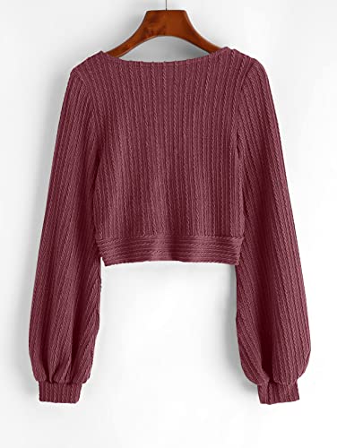 ZAFUL Women's Pullover Ribbed Cropped Knitwear Drawstring Ruched Knitted Crop Top Solid V-Neck Long Sleeve T-Shirt