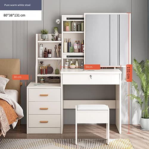 Vanity Set with Lighted Mirror,with Drawers Cabinet Storage Shelves&Cushioned Stool,3 Lighting Modes Adjustable Makeup Vanity Desk Brightness,makeup table Cabinet (80*38*131cm, Warm white)