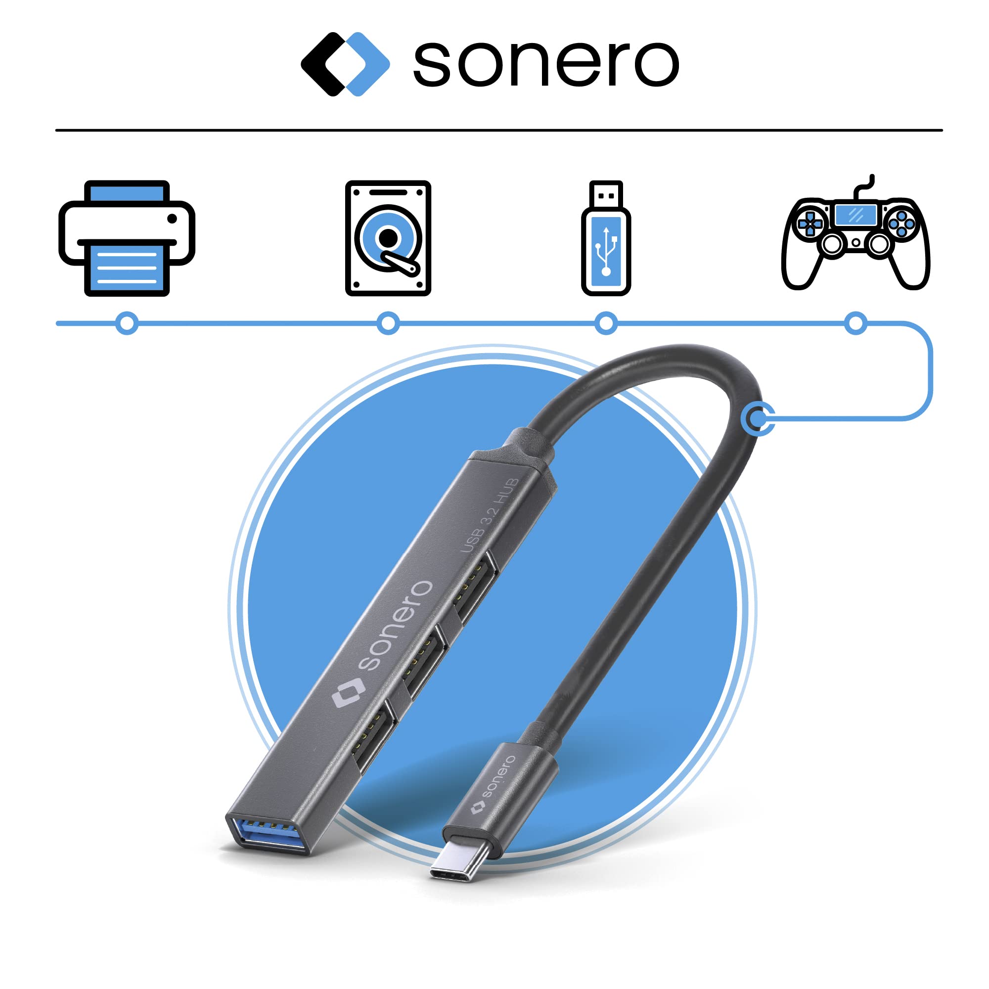 Sonero S-UH110-001 USB Hub, USB Distributor, 4-Port, 1x USB 3.2 with 5 GB/s, 3X USB 2.0 with 480 MB/s, USB-C Plug, Ultra Slim, Space Grey, 0.15 m