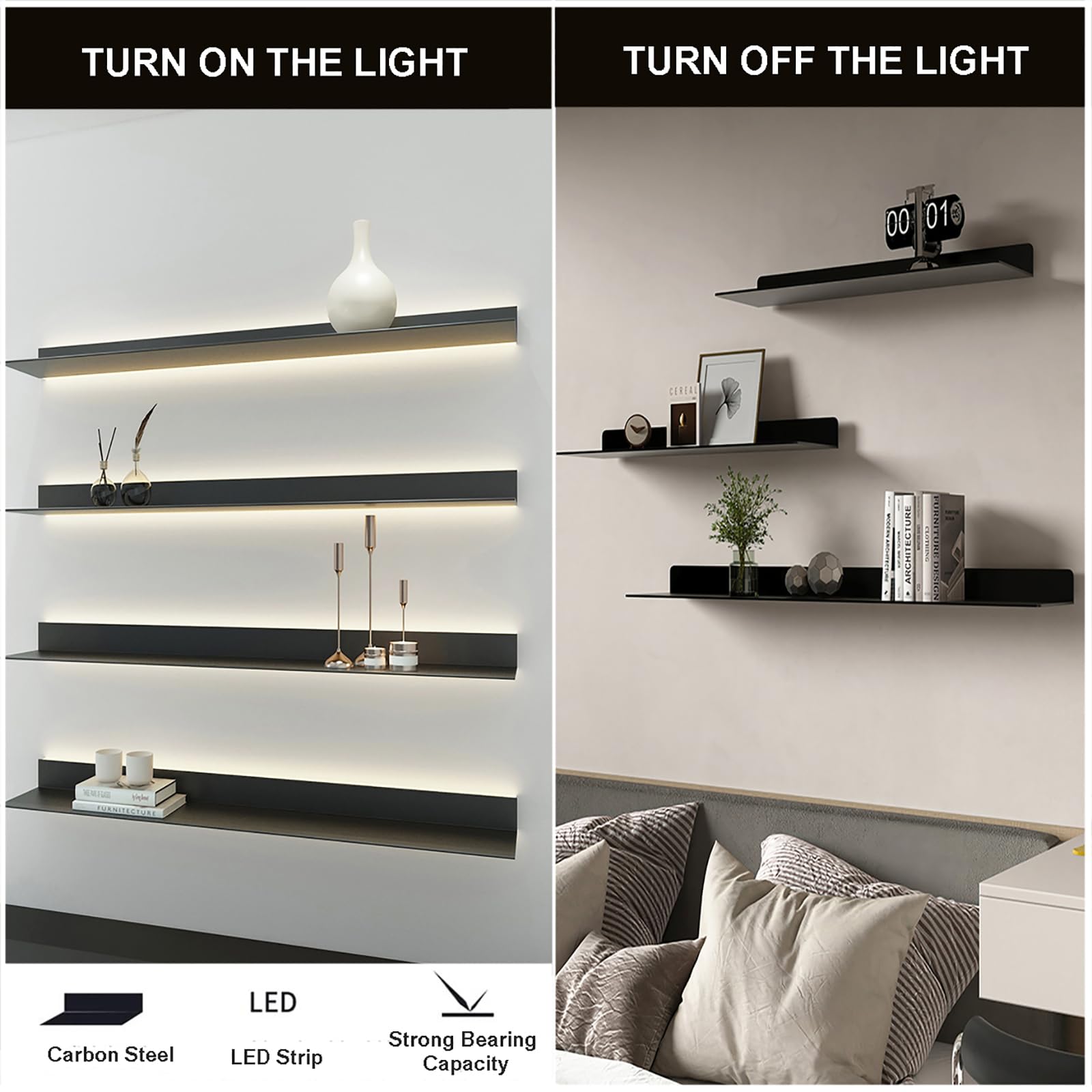 SUZEPER Floating Shelves with Led Lights,floating Display Shelf with Built-in Illuminated Led Light,metal Wall Mounted Shelves Set of 2,hanging Display Rack Wall Shelf for Livingroom Kitchen Bathroom