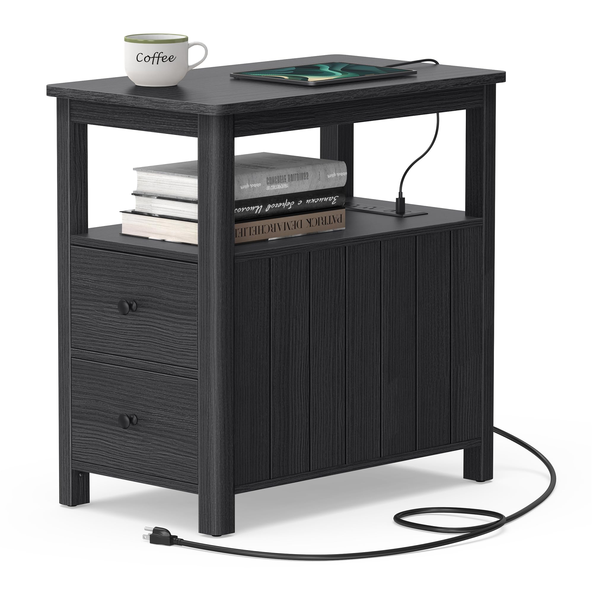 VASAGLE Side Table with Charging Station, Narrow Nightstand with 2 Drawers, Living Room End Table with Storage, for Small Spaces, Coastal Style, Vintage White and Heather Greige ULET322W73