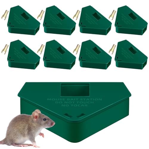 Upgraded Mouse Bait Station with Keys & Visible Window Indoor Outdoor for Rats Mice Rodents, Reusable Mouse Poisoning Bait Blocks Trap, Friendly for Children & Pets (8 Pack, Green)