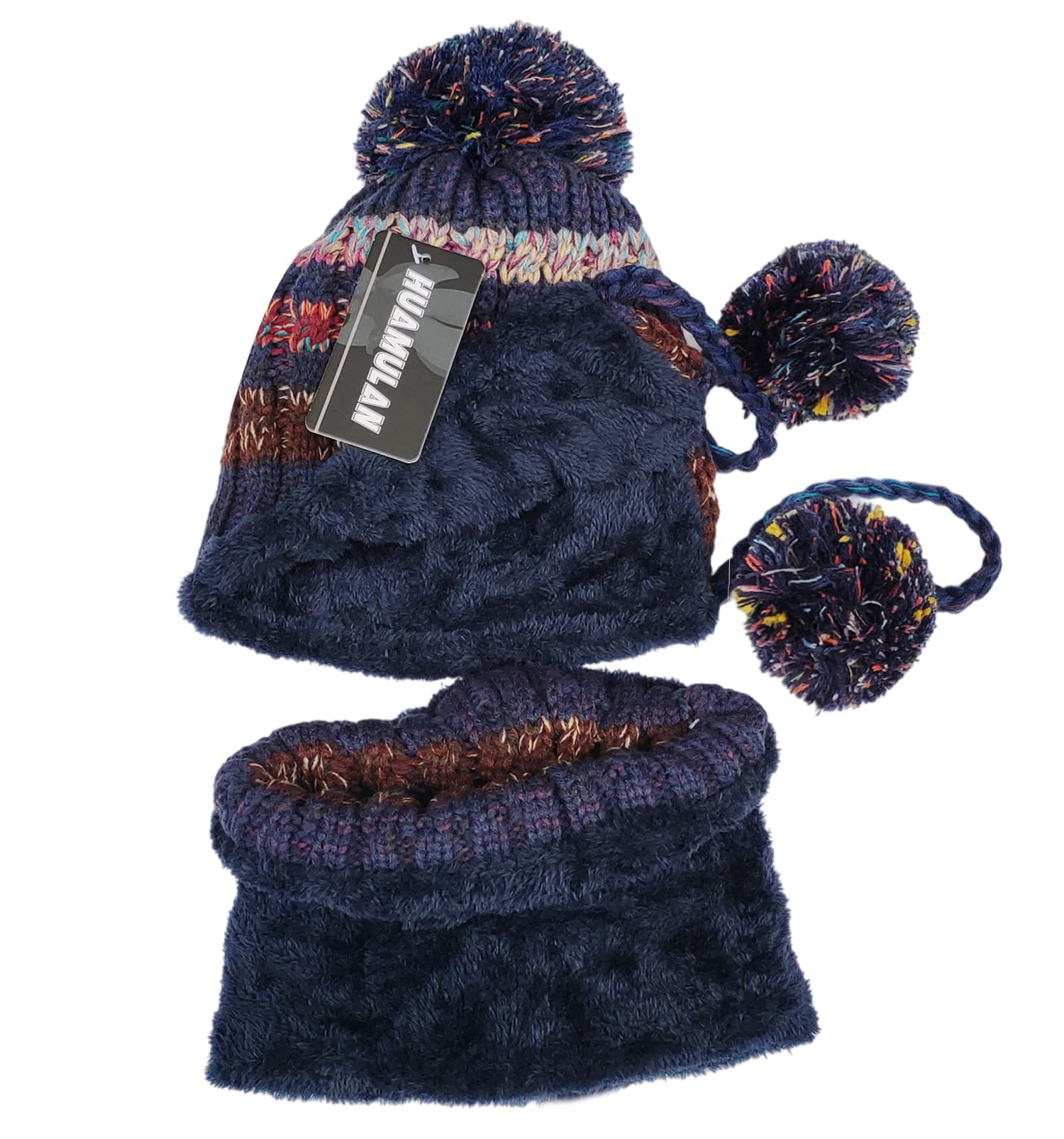 HUAMULAN Women Winter Beanie Hat Circle Scarf Set Pompoms Peruvian Ski Snow Ear Flaps Sherpa Knit Hats Fleece Lined Slouchy
