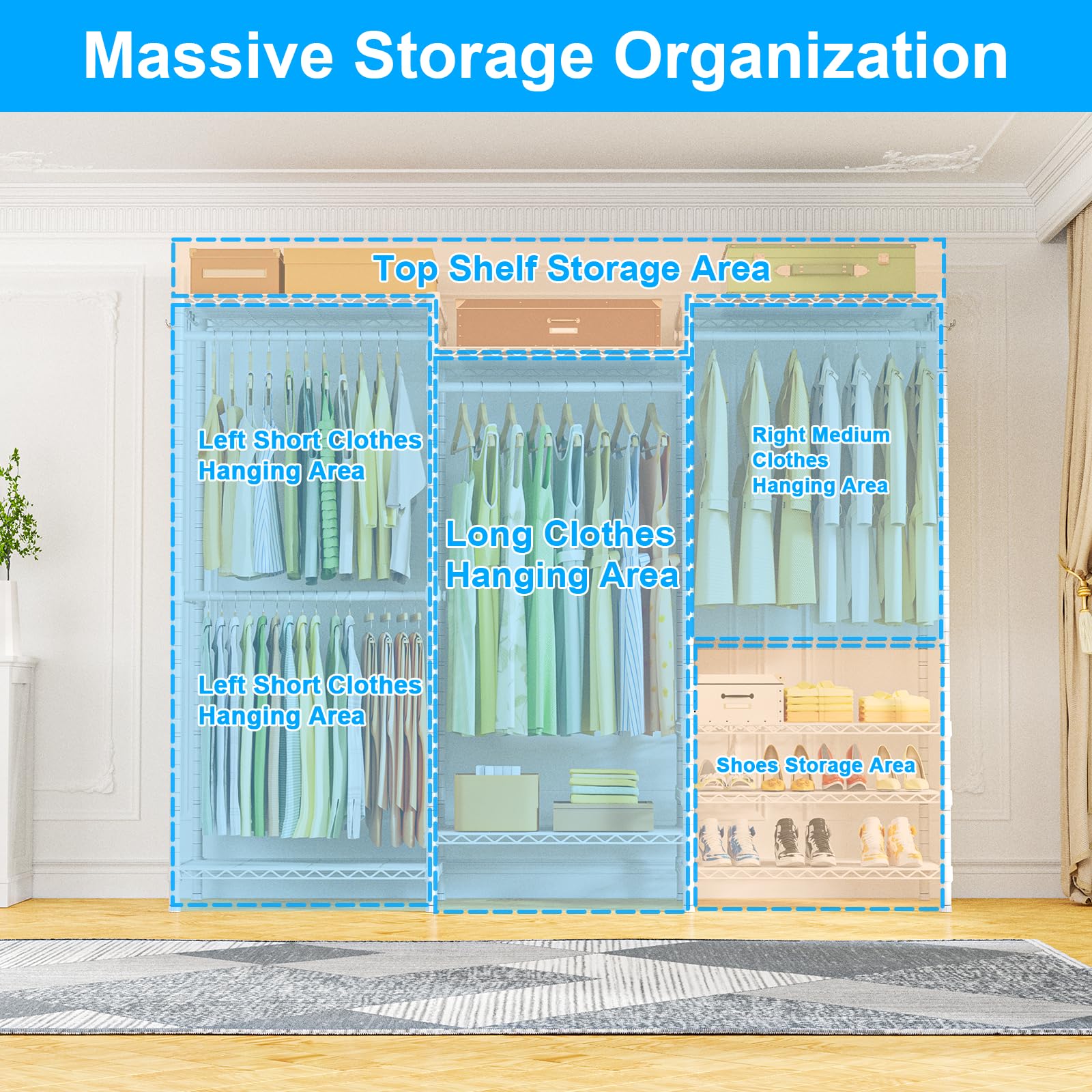 Ulif E13 Heavy Duty Clothes Rack(With 4 Hanger Rods & 8 Shelves) Freestanding Clothing Racks for Hanging Clothes,Adjustable Closet Organizer,Metal Garment Rack 63" W x16 D x77 H,Max Load 900LBS,White